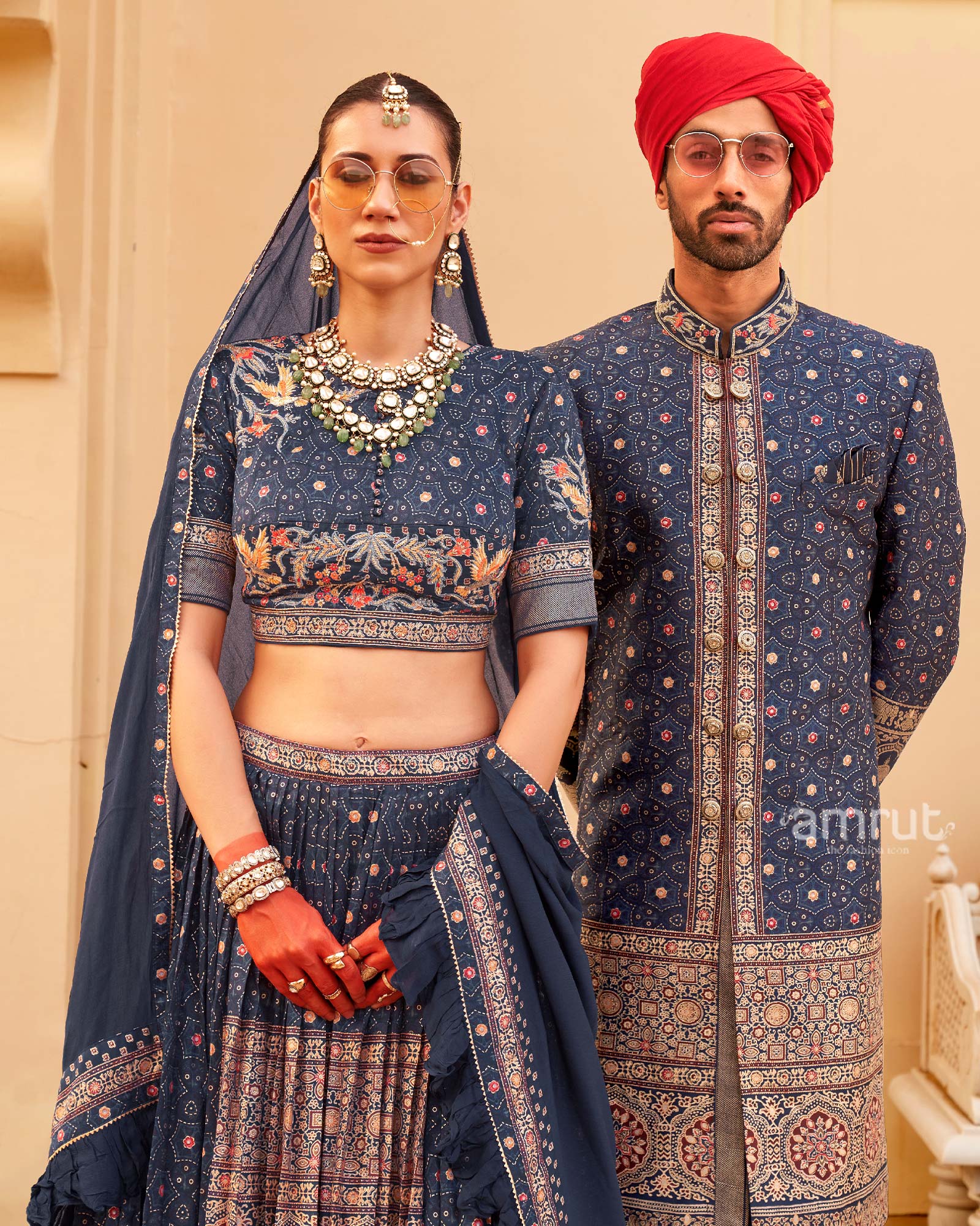 Blue Printed Lehenga Set and Men Kurta Set – AMRUT