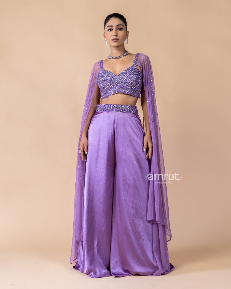 Violet Crop Top and Palazzo Set with Draped Net Dupatta – AMRUT